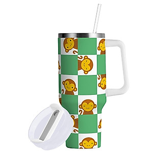 ZZXXB Monkey Plaid Print Insulated Stainless Steel Water Bottle with Handle and Straw Lid Double Walled Travel Mug 30 oz