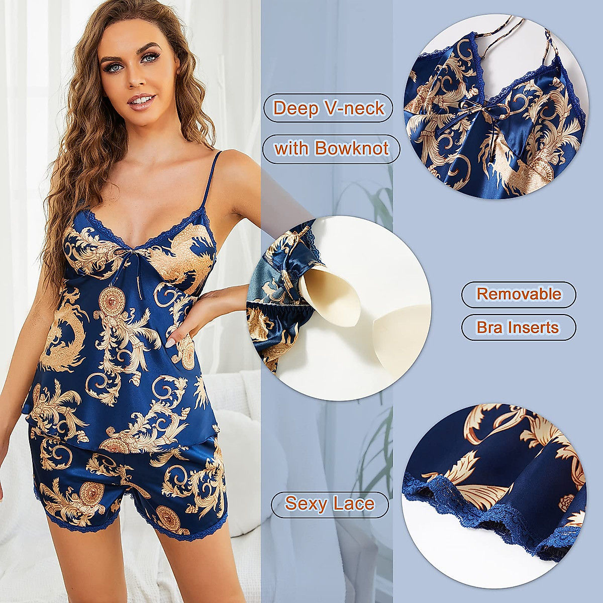 Arwser Women's Silk Satin Pajamas Set 4 Pcs Sleepwear Cami Top Pjs with Shorts and Robe Blue
