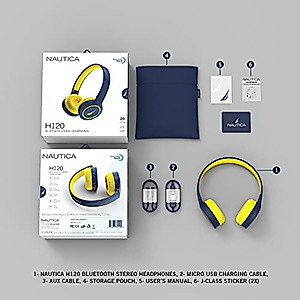 Nautica H120 Bluetooth Headphones, On-Ear Wireless Headphones with Built-in Microphone Bluetooth v5.0 Wireless and Wired Stereo Headset with Deep Bass, Foldable Over-Ear Headphones (Navy Yellow)