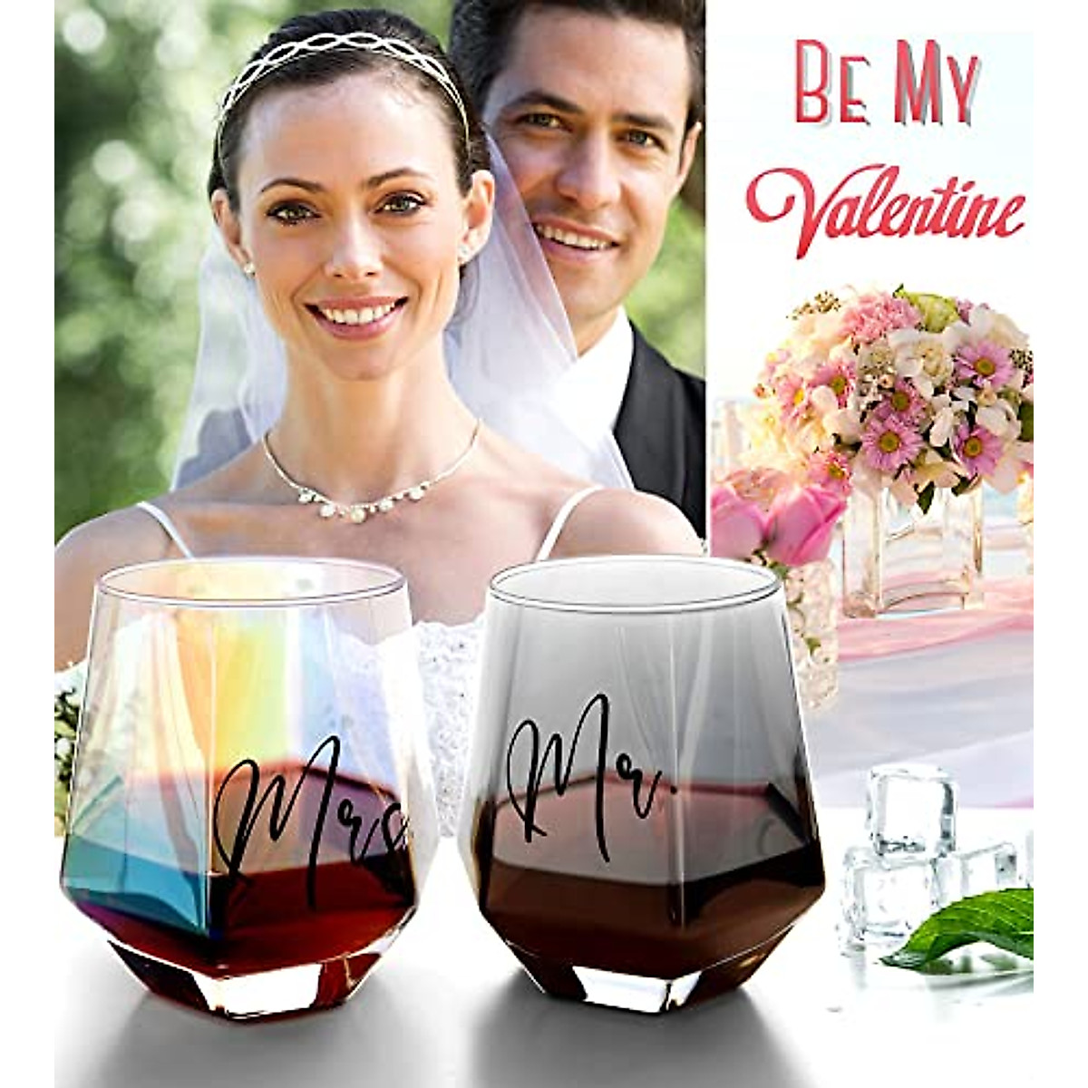 FONDBLOU Wine Glasses Gifts for Mr and Mrs, Wedding Gifts for Bride and Groom, Gifts for Bridal Shower Newlywed Engagement and Anniversary, Couples Gifts for Husband & Wife(12oz*2 Glass)