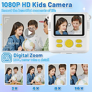 Instant Print Camera for Kids with 3 Rolls of Printer Paper, 1080P Toddler Digital Camera Toys for Age 3-12 with 32GB SD Card, Christmas & Birthday Gifts for 3 4 5 6 7 8 Year Old Girls & Boys (White)