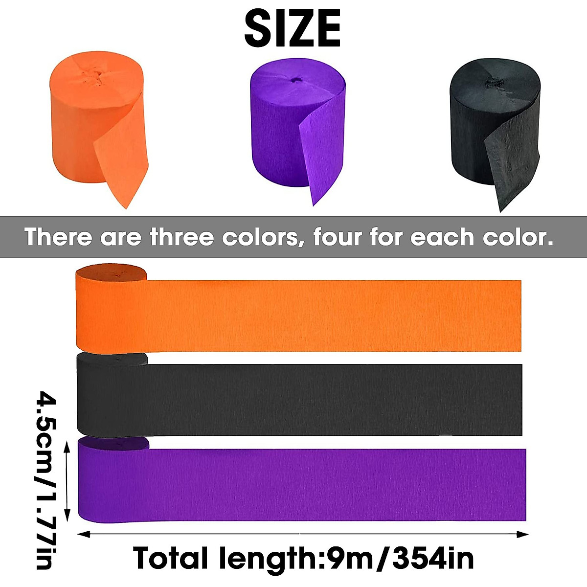 Yomiie 12 Rolls Crepe Paper Streamers, 360 Feet Orange Black Purple Tassels Streamer Paper for Halloween Theme Party Supplies Room Wall Decor Crafts Backdrop Decorations