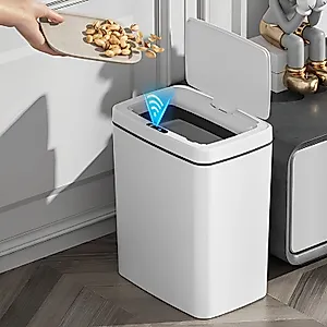 Sooyee Bathroom Trash Can with Lid Automatic Garbage Can,3.7 Gallon Smart Trash Can,14 L Plastic Trash Bin,Touchless Trash Can for Kitchen,Office,Bedroom,Bathroom,Living Room,White