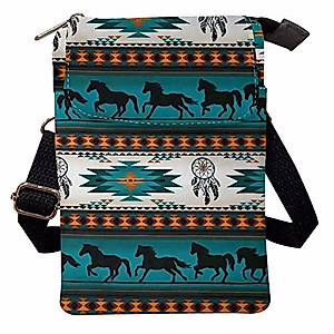 GIFTPUZZ Aztec Horses Print Shoulder Bags Purse Mini Messenger Pouch for Womens Girls Cross Body Bag Travel Handbags Sling Satchels Zipper Wallet Large Storage Organizer Dreamcatcher Green