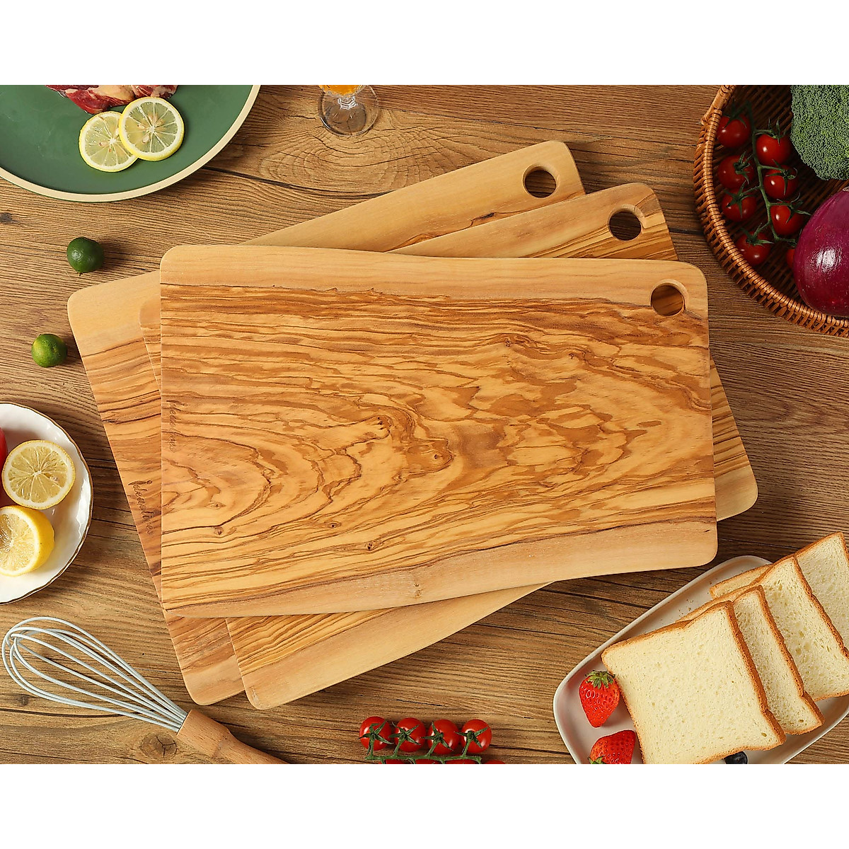 Ideaolives Natural Olive Wood Cutting Board, Rustic Serving Platter for Meat & Snack, Wooden Charcuterie Board Cheese Serving Tray, Handmade Decorative Cutting Board, Housewarming Gift (ZRB-M)