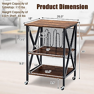 GOFLAME Record Player Stand, 3-Tier Rolling Vinyl Record Storage Holder Stand with 3 Dividers, Turntable Stand with Universal Wheels and Lockable Casters for Living Room, Bedroom, Office, Brown