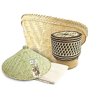 PANWA Sticky Rice Cooking Set Bamboo Steamer Basket with 24’’ Cheesecloth, Wicker lid, and Kratip Chocolate Toned