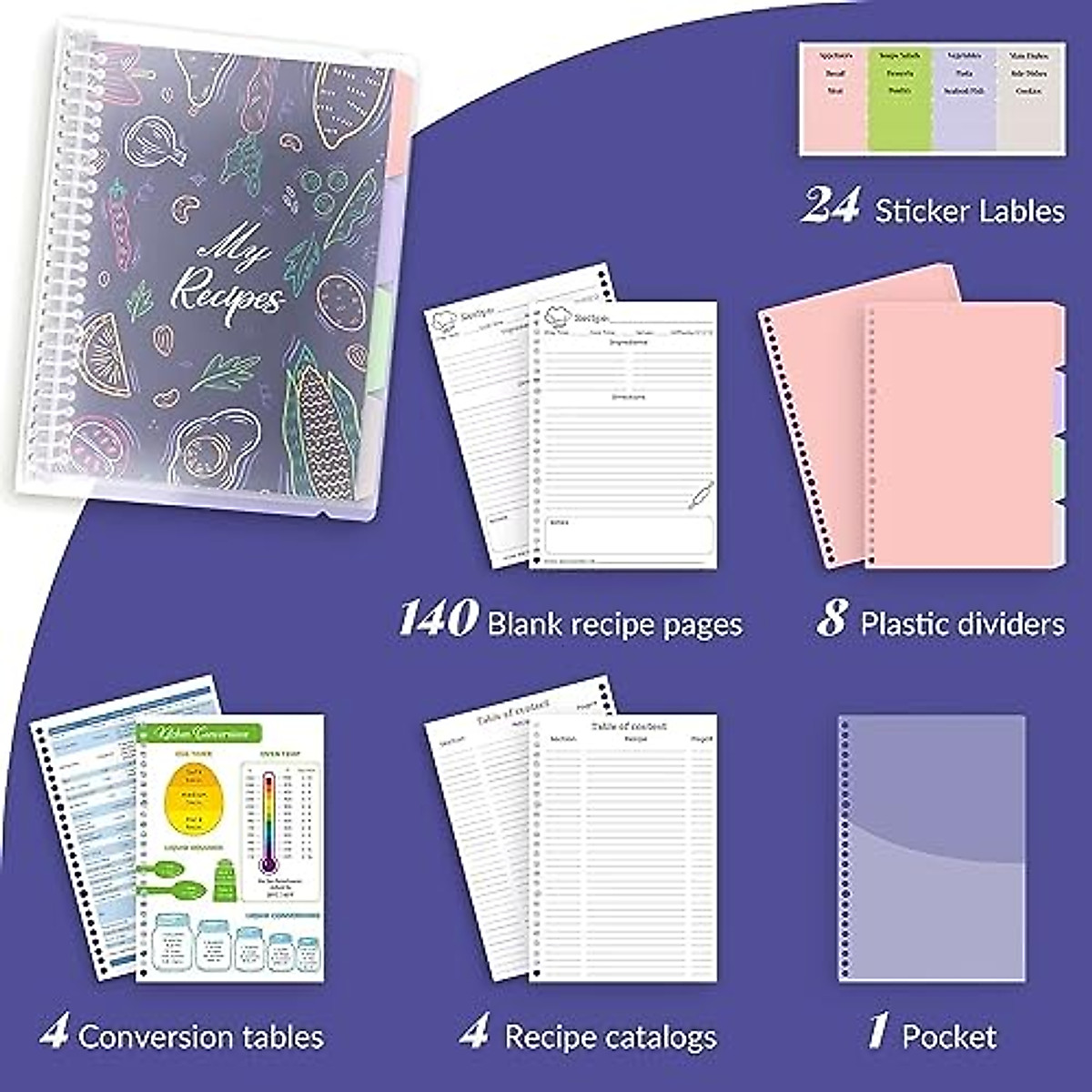 Blank Recipe Book to Write in Your Own Recipes, 8.5" x 11" Removable Hardcover Family Recipe Binder with Dividers, Customized Personal Recipe Book Hold 140 Recipes (Salvia Blue)