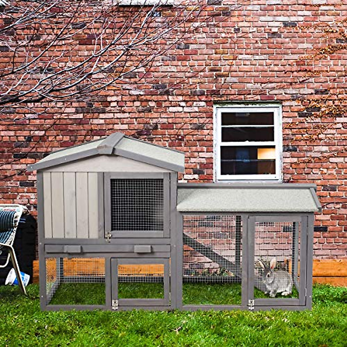 Tangkula Rabbit Hutch Indoor and Outdoor, 58-Inch Bunny Cage with Removable Tray & Ramp, Wood Chicken Coop with Waterproof Roof for Rabbits, Chicken and Guinea Pigs (Gray)