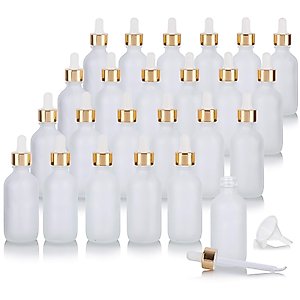 JUVITUS 2 oz / 60 ml Frosted Clear Glass Boston Round Bottle with Gold Metal and Glass Dropper (24 pack) + Funnel