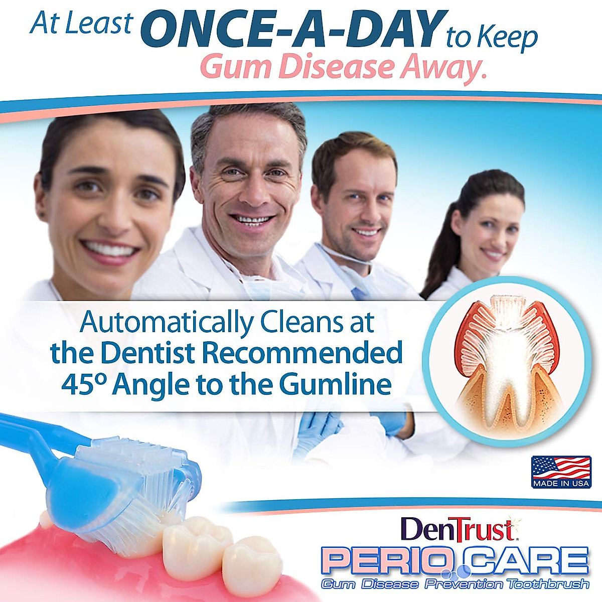 DenTrust PERIOCARE 3-Sided Toothbrush Triple Clean | Extra Gentle Gum Massage for Sensitive Gums | Made USA | Tongue Scraper for Fresh Breath