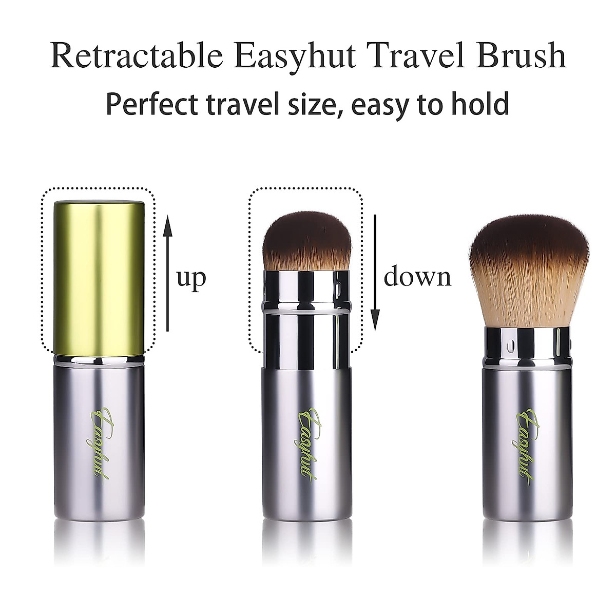 Retractable Kabuki Makeup Brushes 2 Pcs Blush Brushes Set Portable Powder Brushes with Flat and Angled Top for Liquid Cream Cosmetics Travel. (Silver Green)