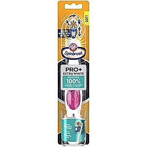 ARM & HAMMER Spinbrush PRO+ Extra White Battery-Operated– Spinbrush Battery Powered Toothbrush Removes 100% More Plaque- Soft Bristles -Batteries Included