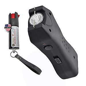 Pocket Stun Gun Flashlight Pepper Spray Kit. includes Mini Stun Gun Flashlight & .5 oz Keychain OC CS Self Defense Spray. Powerful Weapons Compact Mini Stun Gun for Women or Men. (BLACK)