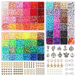 Quefe 16500pcs, 66 Colors, Clay Heishi Beads with 260 Letter Beads Polymer Flat Clay Beads Kit with Elastic String Pendant and Jump Rings for DIY Jewelry Marking Bracelets Necklace, 6mm