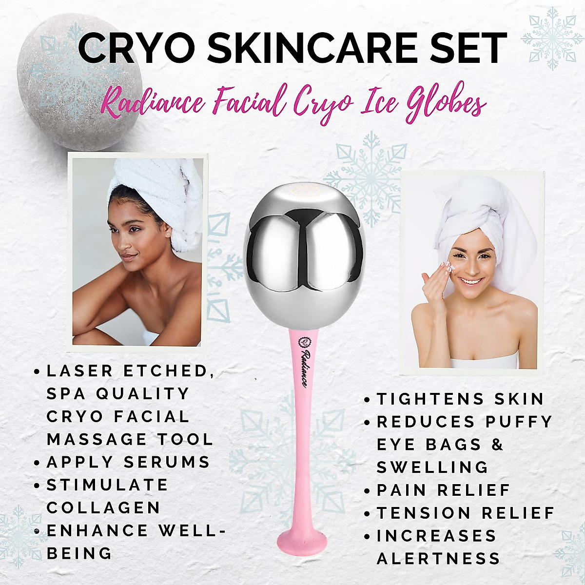 RADIANCE Ice Globes for Facials Skin Care - Cryo Globes, Non Shatter, Face Cooling Cold Stainless Steel, Cryo Freeze Tool Roller for Depuffing Eyes, Face Massage with a Storage Case & Polish Cloth