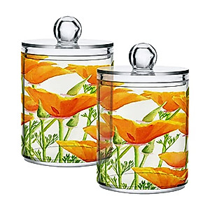 Eionryn California Poppies Spring Flowers Qtip Dispenser Apothecary Jars Yellow Summer Floral Bathroom Qtip Holder Storage Canister Plastic Jar 10 Oz for Cotton Ball Swab Round Pads Floss 2pcs