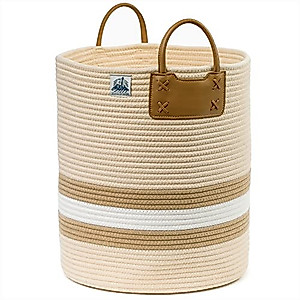 South of Maine Large Blanket Basket with Vegan Leather Handles. Cotton Rope Basket for Blankets, Laundry, Toys, Throw Pillows, Towels. Large Storage Basket for Living Room, Bedroom, Nursery. 14.5x16"
