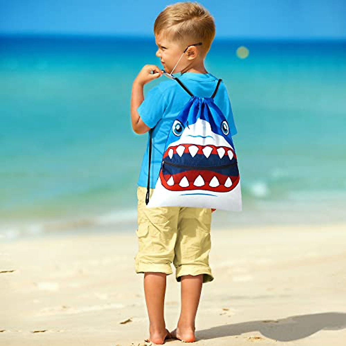 WAWSAM Shark Drawstring Backpack - Drawstring Bags for Boys Kids Swim Bag for Beach Swim Swimming Pool Draw String Bags with Zippered Pocket Waterproof Sports Gym Bag
