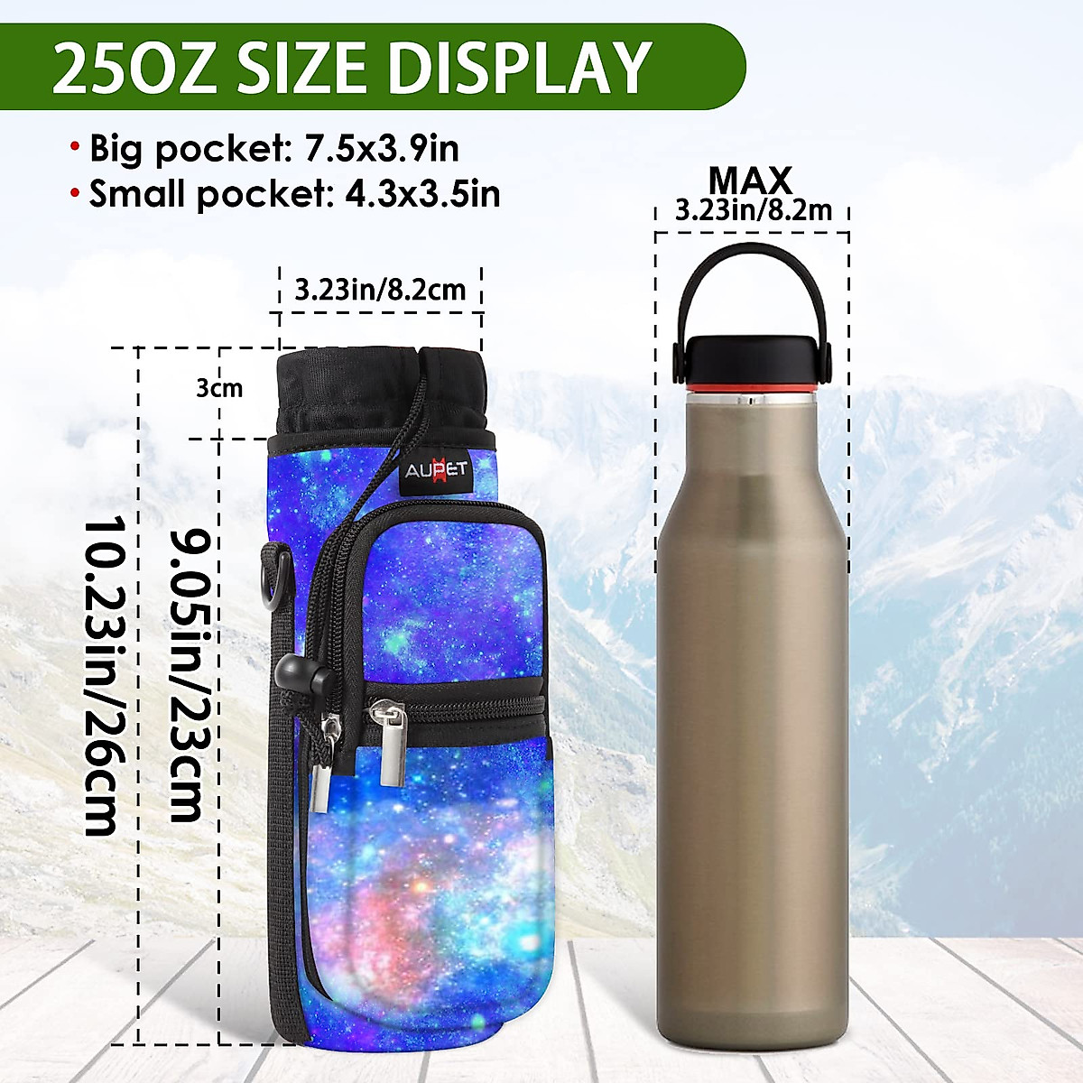 AUPET Water Bottle Sling Bag Sleeve Holder Carrier 25/32/40/64 oz,Insulated Crossbody Water Bottle Case Cover with Strap and Pockets for Men/Women Walking Hiking Camping (25oz, blue starry sky)