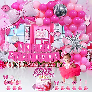 Hot Pink Girl Birthday Party Decorations, Pink Disco Ball Bow Princess Balloon Arch, Pink Happy Birthday Banner, Hanging Swirls, Cake Toppers for Princess Birthday Baby Shower Bachelorette Party Decor