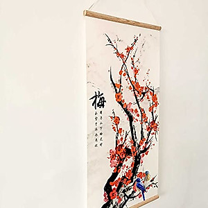 zhugege Plum Bossom Flower Painting,Wall Art for Living Room Bedroom,Chinese Traditional Meticulous Painting,Posters and Printing,Fixed Wooden Hanging Scroll (16”x32”) (16”x32”)