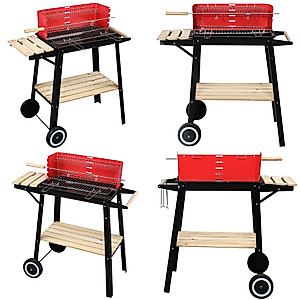 Charcoal BBQ Grill Medium Barbecue Box Grill with Side-tables and Wheels. Four Legs With Wheels Square Enamel Charcoal Oven Black Red