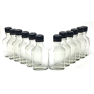 100 ml (3.3 oz) Glass Flask Liquor Bottle with Black Caps (12 Pack)