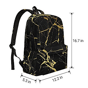QSMX Chic Black And Gold Marble Texture Lightweight Backpack for School, Fashion Basic Water Resistant Casual Daypack for Travel Hiking Work with Bottle Side Pockets