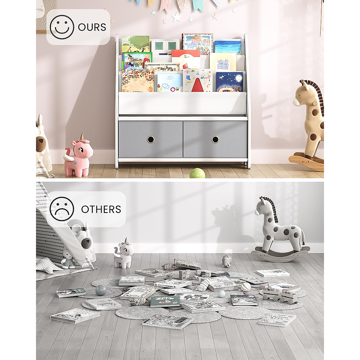 CHOEZON Kids Bookshelf and Toy Storage, 4 Tier Large Capacity Kids Book Rack, Sling Kids Bookcase, for Kids Room, Nursery, Playroom, White and Gray MCW06WT