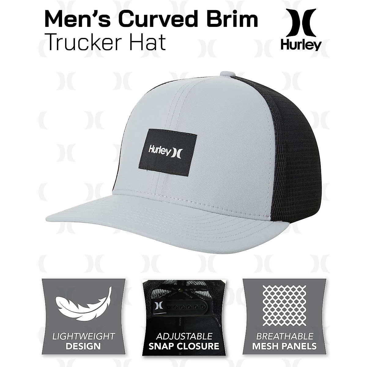 Hurley Men's Caps - Fairway Trucker Mesh Panel Baseball Cap Trucker Hat - Snap Back Hats for Men, Cool Grey/Black