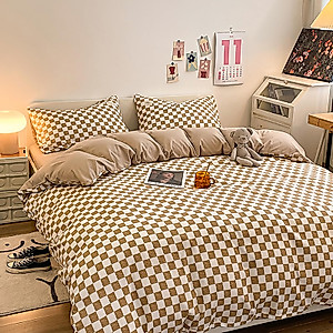 BEUFLO DREMS Checkered Duvet Cover Twin,100% Cotton Soft Duvet Cover Sets 4 PCS Plaid Bedding Comforter Cover Set with Zipper,Brown Bedding Set,1 Duvet Cover +1 Flat Sheet + 2 Pillow Cases