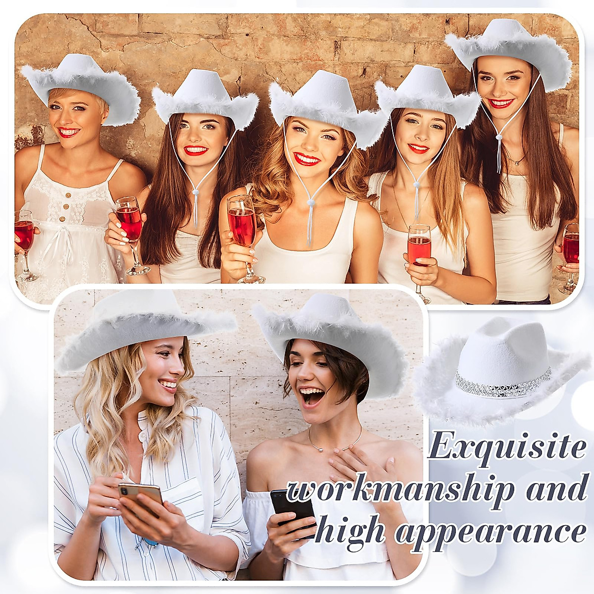 Unittype 12 Pcs Feather Sequin Cowgirl Hat for Women Party Birthday Halloween Western Costume Role Playing (White)