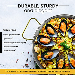 Machika Stainless Steel Paella Pan | Cooking Pan | Stainless Steel Skillet for Paella and Rice Recipes | Stainless Steel Valencian Paella Pan with Gold Handles | 4 Servings | 12 Inches |