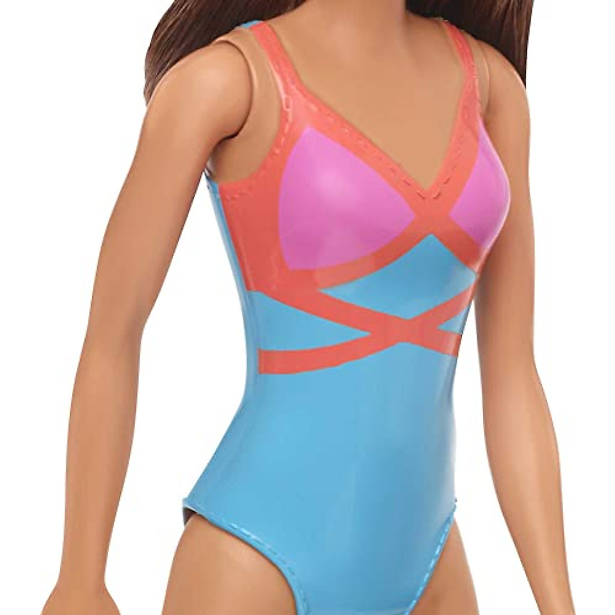 Barbie Doll, Brunette, Wearing Blue, Pink and Orange Swimsuit, for Kids 3 to 7 Years Old
