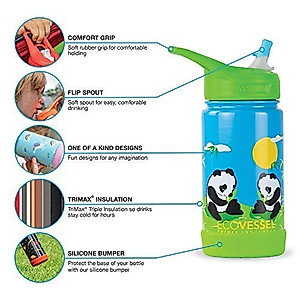 EcoVessel Insulated Water Bottle Kids Tumbler for 36 Hrs Cold Travel Drinking Cup â€“ Frost TriMax Stainless Steel, 12oz Sip Bottle for Children w/Carrying Handle & Flip Straw Lid