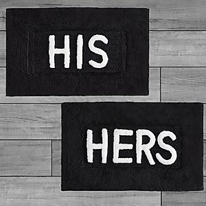 Creative Home Ideas Cotton 2-Piece Bath Rug Set - Soft Cotton Bath Mat - Bathroom Decor - Water Absorbent and Machine Washable - Measures 20"x32" - His & Hers - Black