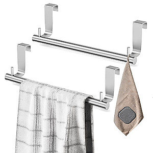 VEHHE Kitchen Towel Holder - 2pcs Over Cabinet Door Hand Dish Towel Bar Rack Holders with 2 Hooks＆ VEHHE Kitchen Towel Holder, Retractable Kitchen Towel Rack, Hooks Adjustable to Door Thickness.