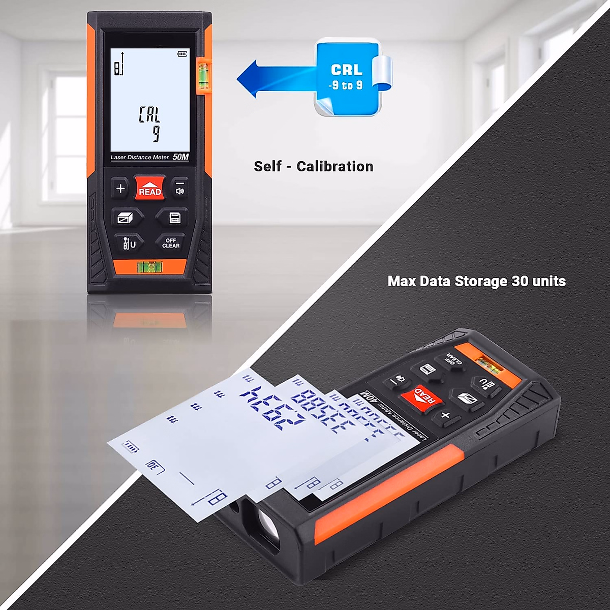 Laser Measure Mute Distance with 2 Bubble Levels, Measure Distance, Area and Volume HD50