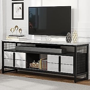 YITAHOME Modern TV Stand for TVs up to 65 Inch, Entertainment Center with Shelf, Wood TV Media Console with Sturdy Metal Legs for Living Room, 300lbs Capacity, White Oak/Black, 59.5"