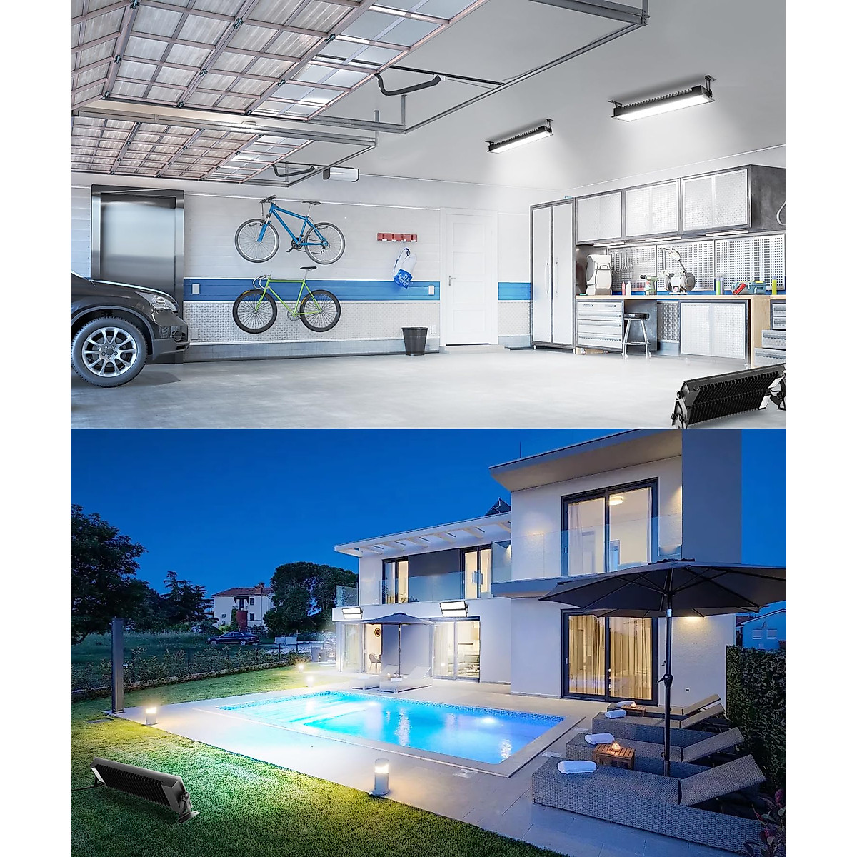 150W LED Shop Lights for Garage 1000W Equiv, 18000lm Very Bright LED Work Light, IP66 Waterproof Outdoor Flood Light with Plug, 5000K White High Bay Light for Workshop Yard Garage Factory (2 Pack)