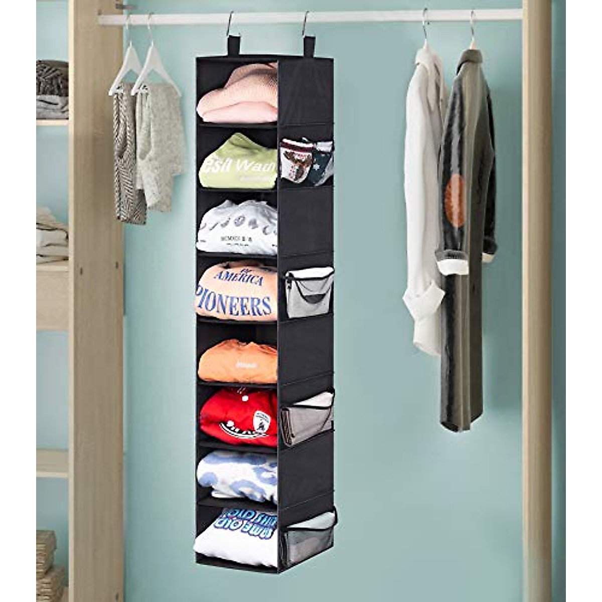 AOODA 8-Shelf Hanging Shoe Rack for Closet Organizer with 8 Mesh Side Pockets Wide Hanging Shoe Storage Holder For Hat, Clothes, Handbag, Black