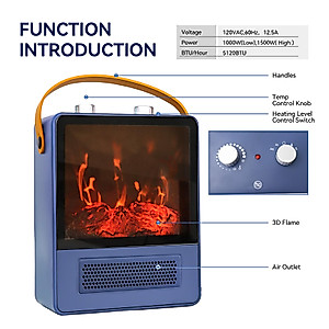 TEMPWARE Electric Fireplace Heater, 1500W Portable Space Heater, Fireplace with Realistic 3D Flame Effect and Overheating Safety Protection, Quiet and Safe for Indoor Use Office Bedroom