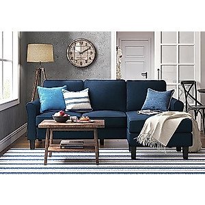 Serta Harmon Reversible Sectional Sofa, Modern L-Shaped Couch for Small Spaces, Soft Fabric Upholstery, Rolled Arm, Blue