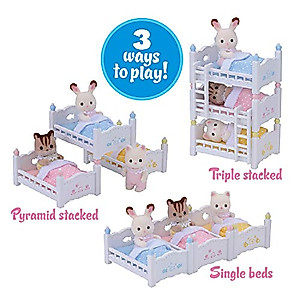 Calico Critters Triple Baby Bunk Beds, Dollhouse Toy Furniture, Multicolor, basic (CC2624), Set includes three beds, three mattresses with pillows, three blankets and two ladders