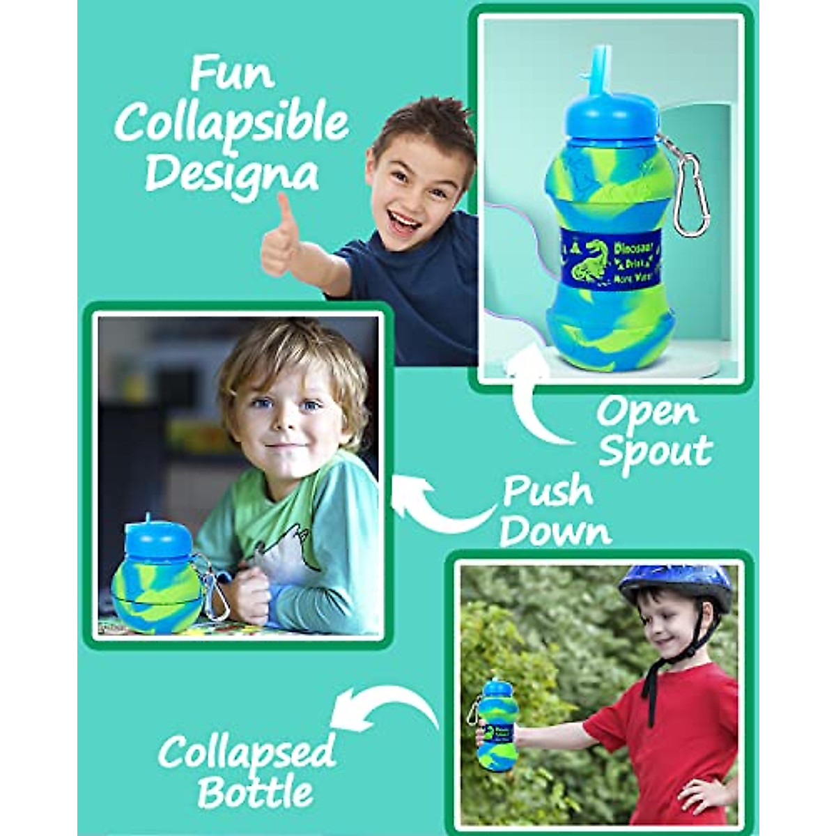 Dinosaur Water Bottle for Kids Toddler Boys 19oz 550ml Collapsible Silicone Foldable Bpa Free Leakproof Sports Water Jugs for School Sports Travel with Flip Spout Christmas Birthday Gifts Green Blue
