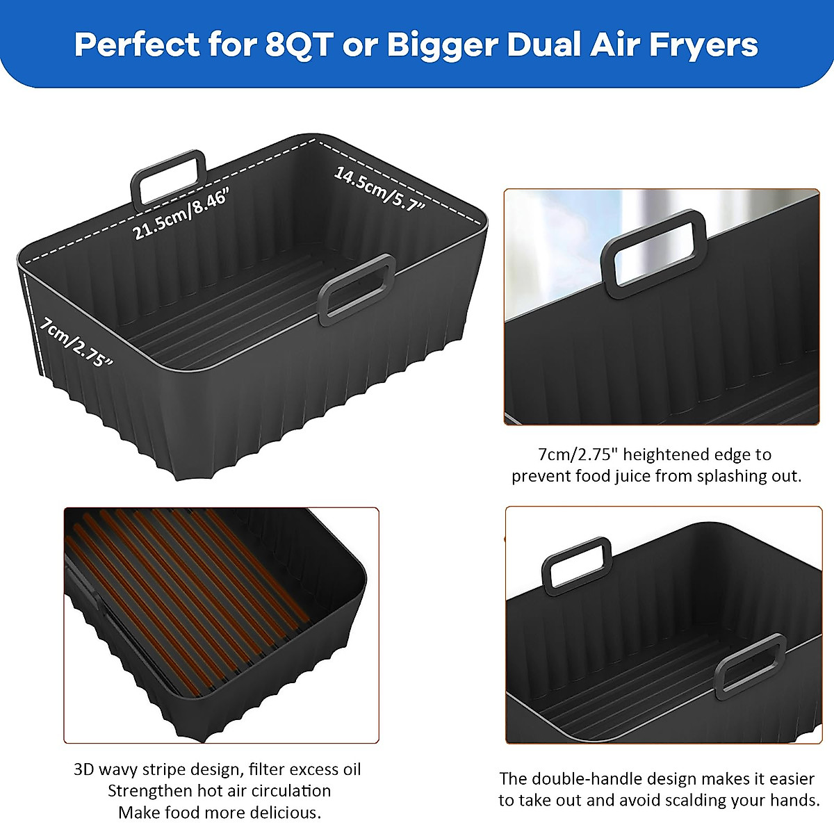 2 Pcs Silicone Air Fryer Liners for Ninja Foodi DZ201 DZ401 6-in-1 8-10QT, Air Fryer Accessories for Ninja Instant Vortex Plus, Reusable Air Fryer Liner, Non-Stick | Easy Cleaning