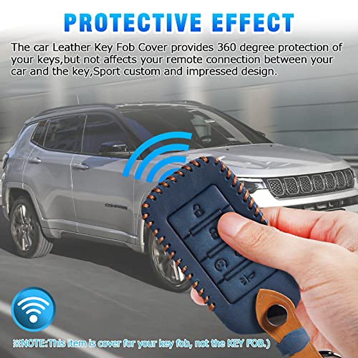 Canvcle Key Fob Cover for 2021 2022 2023 Jeep Grand Cherokee/Grand Cherokee L/Wagoneer/Grand Wagoneer Accessories Key Cover Leather Blue 5 Button 1PCS