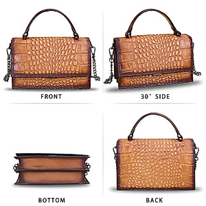 Genuine Leather Handbags for Women Retro Handmade Small Satchel Purse Luxury Top Handle Real Leather Embossed Design Crossbody Bag (Brown)