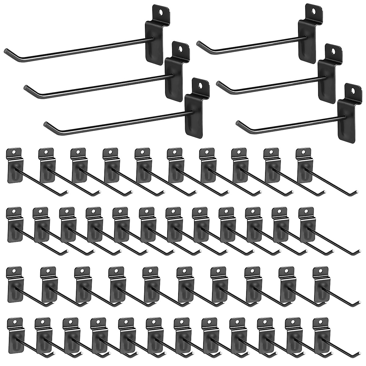 yeesport 50 Packs Black Metal Slatwall Hooks, 6 and 4Inch Tool-Free Slatwall Accessories Hooks Hangers for Slotwall Panels, Slat Wall Board Hanging Hooks for Garage Shop Retail DisplayKitchen
